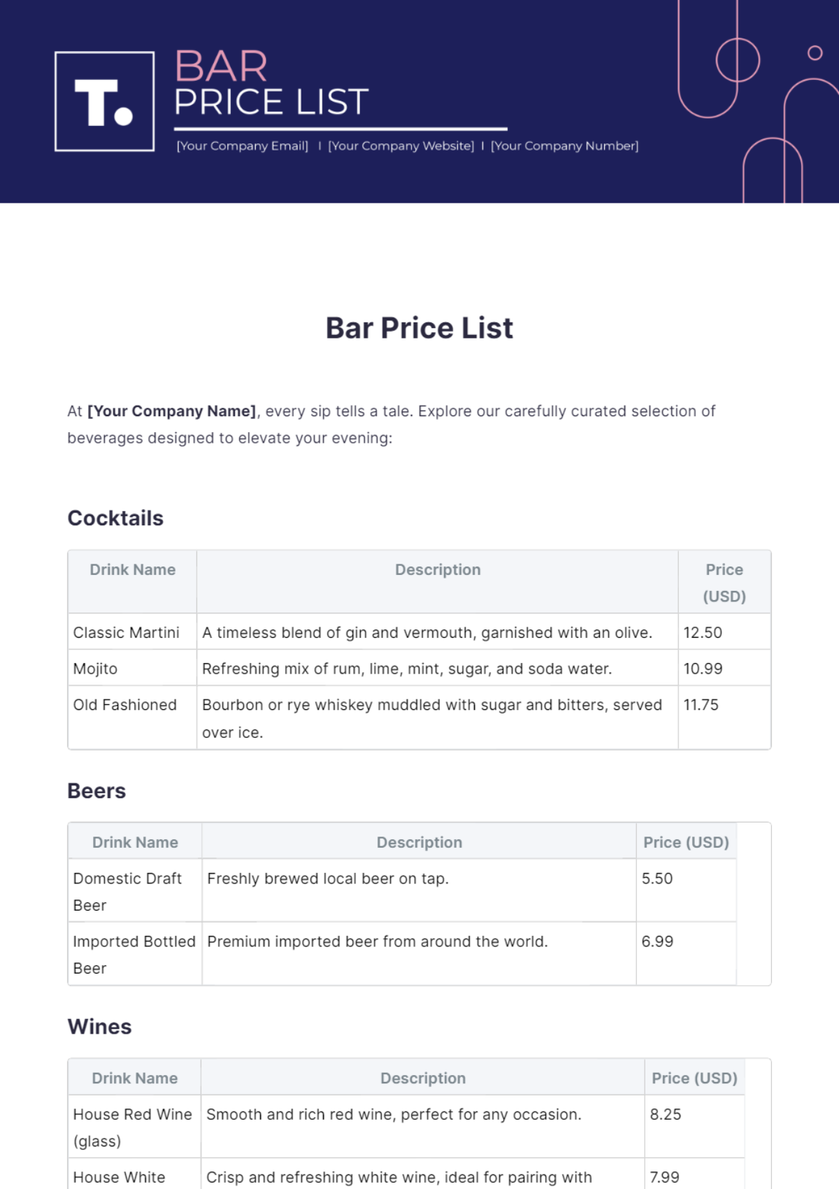 Free Bar Price List Template To Edit Online