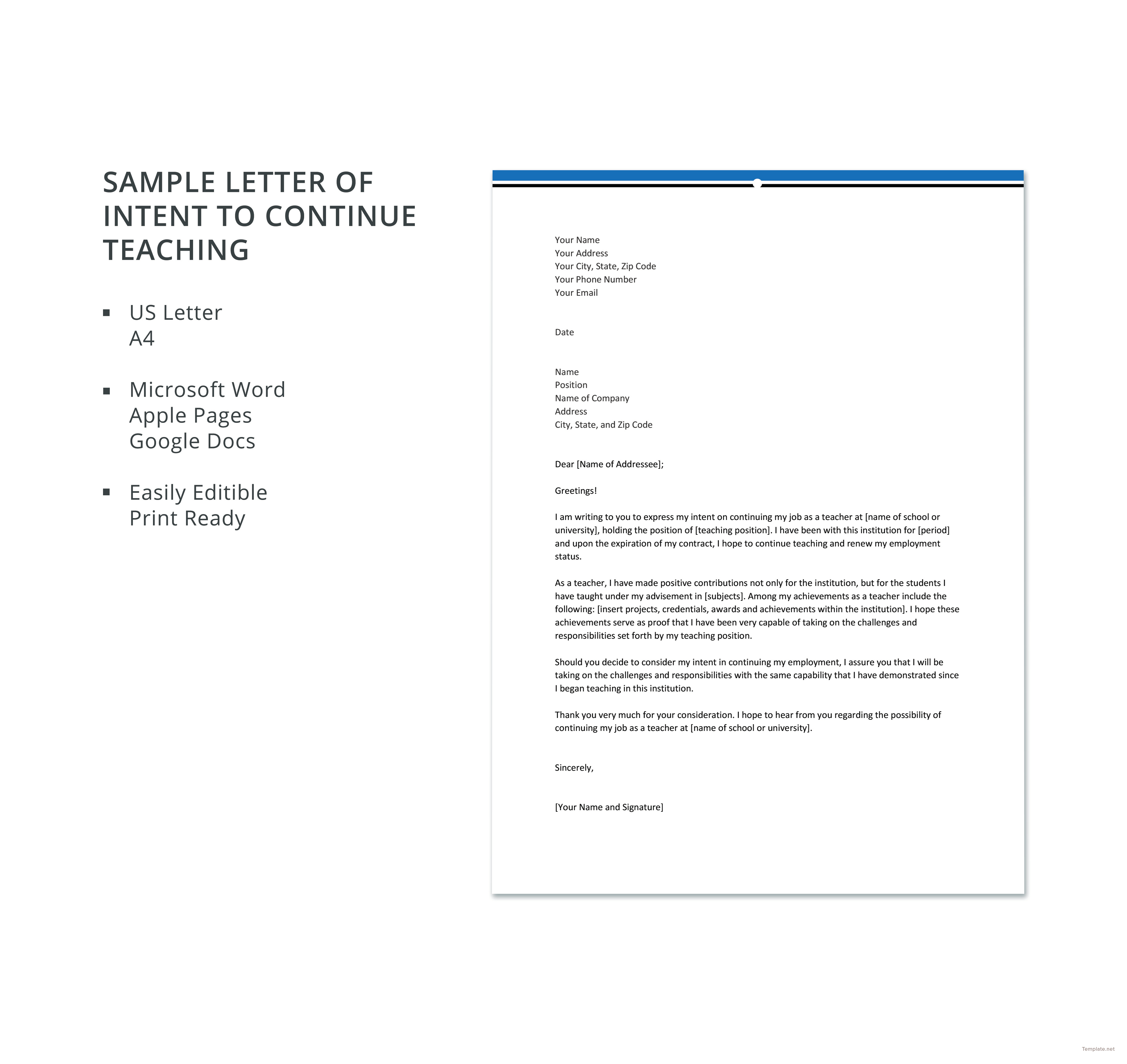 Sample Letter Of Intent To Continue Teaching Template In Microsoft Word 
