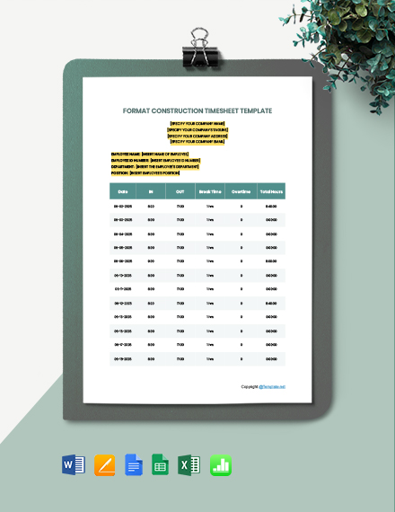 Simple Construction Timesheet Template - Download in Word, Google Docs ...