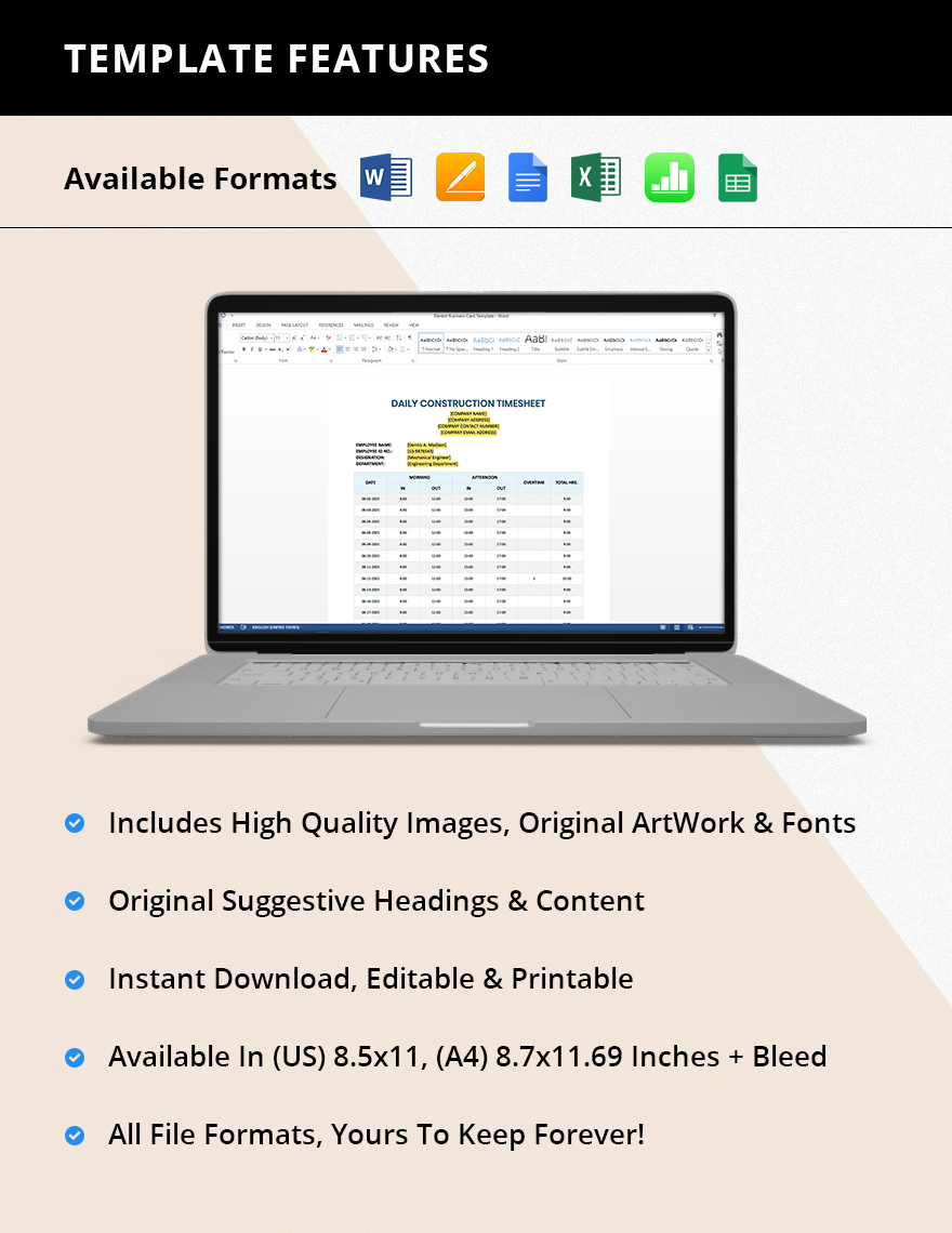 Daily Construction Timesheet Template - Google Docs, Google Sheets ...