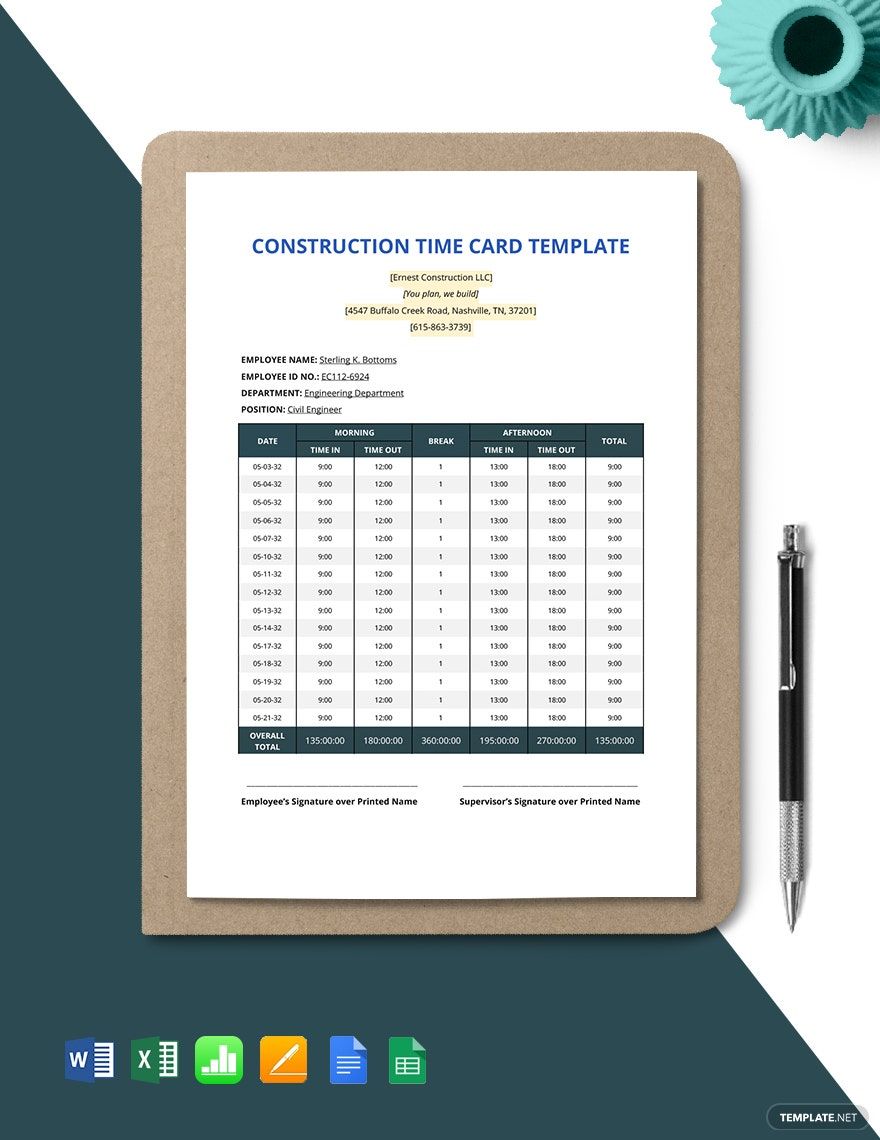 Construction Time Card Template Google Docs Google Sheets Excel 