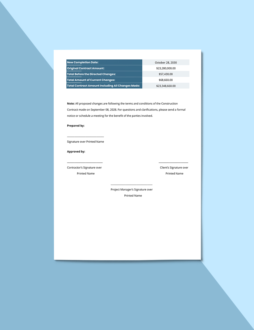 Construction Contract Change Orders Template - Google Docs, Google Sheets, Excel, Word, Apple ...