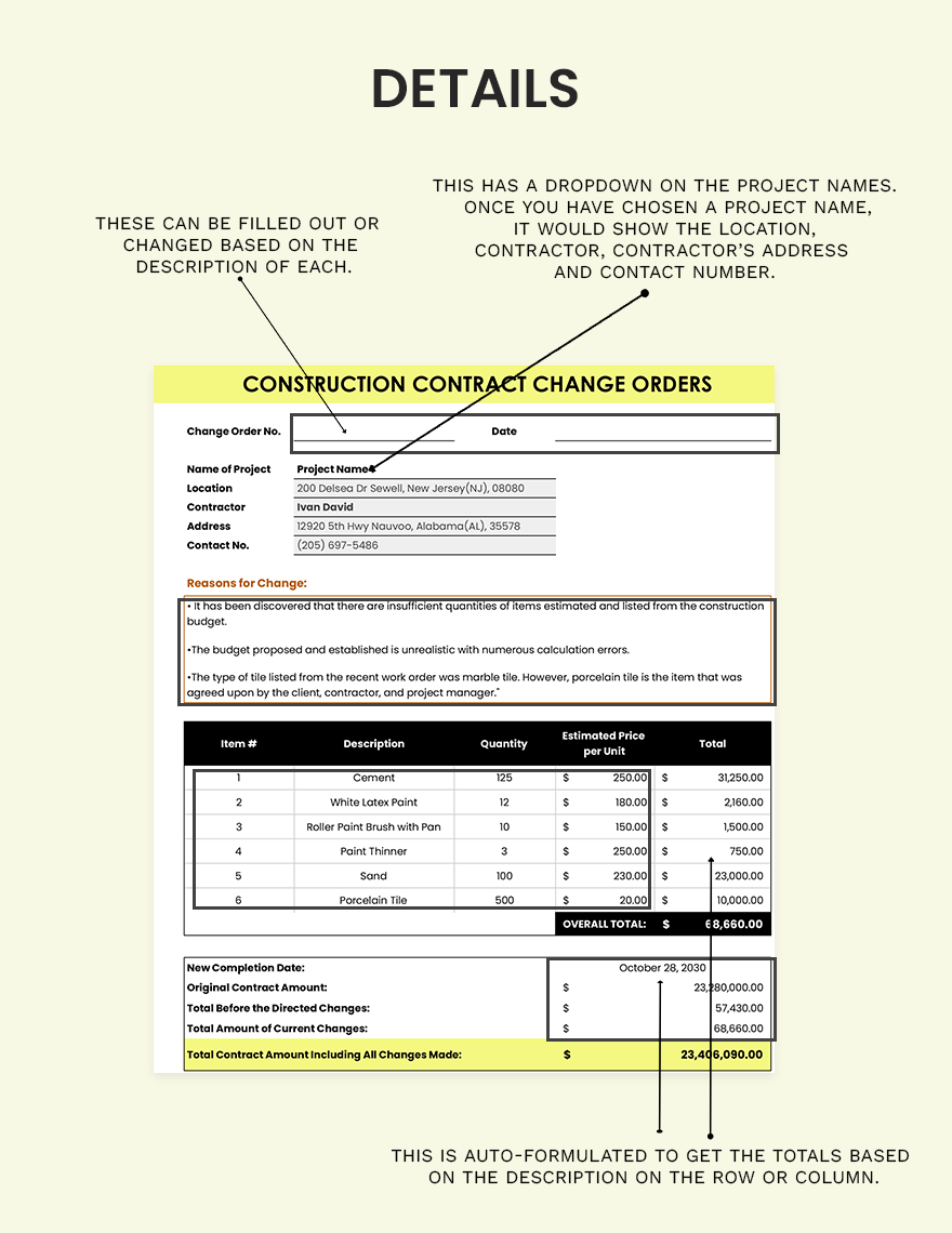 Construction Contract Change Orders Template - Google Docs, Google Sheets, Excel, Word, Apple ...