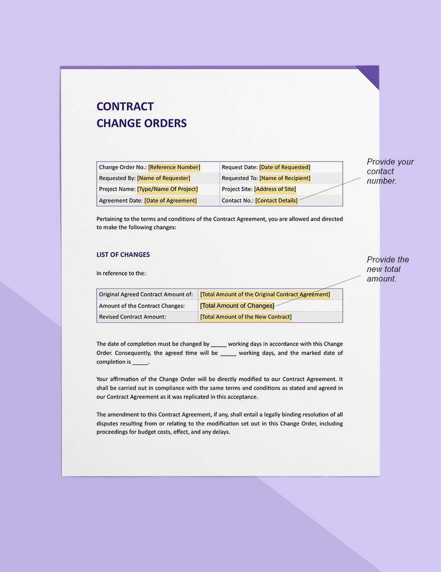 Free Contract Change Orders Template Download In Word Google Docs 