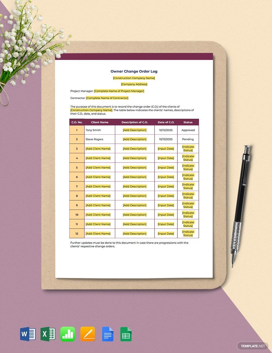 Construction Owner Change Order Log Template Google Docs Google 