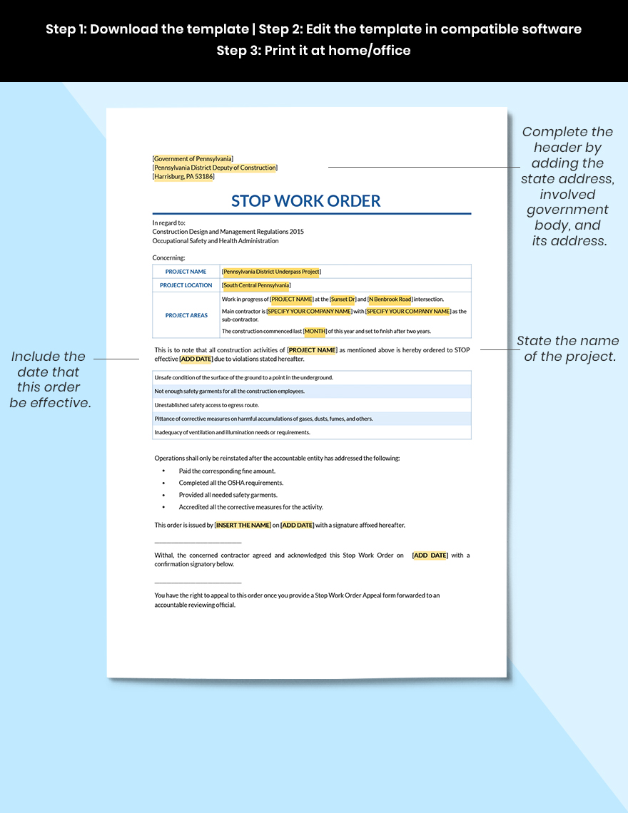 Stop Work Order Template In Word Numbers Excel Pages Google Docs 