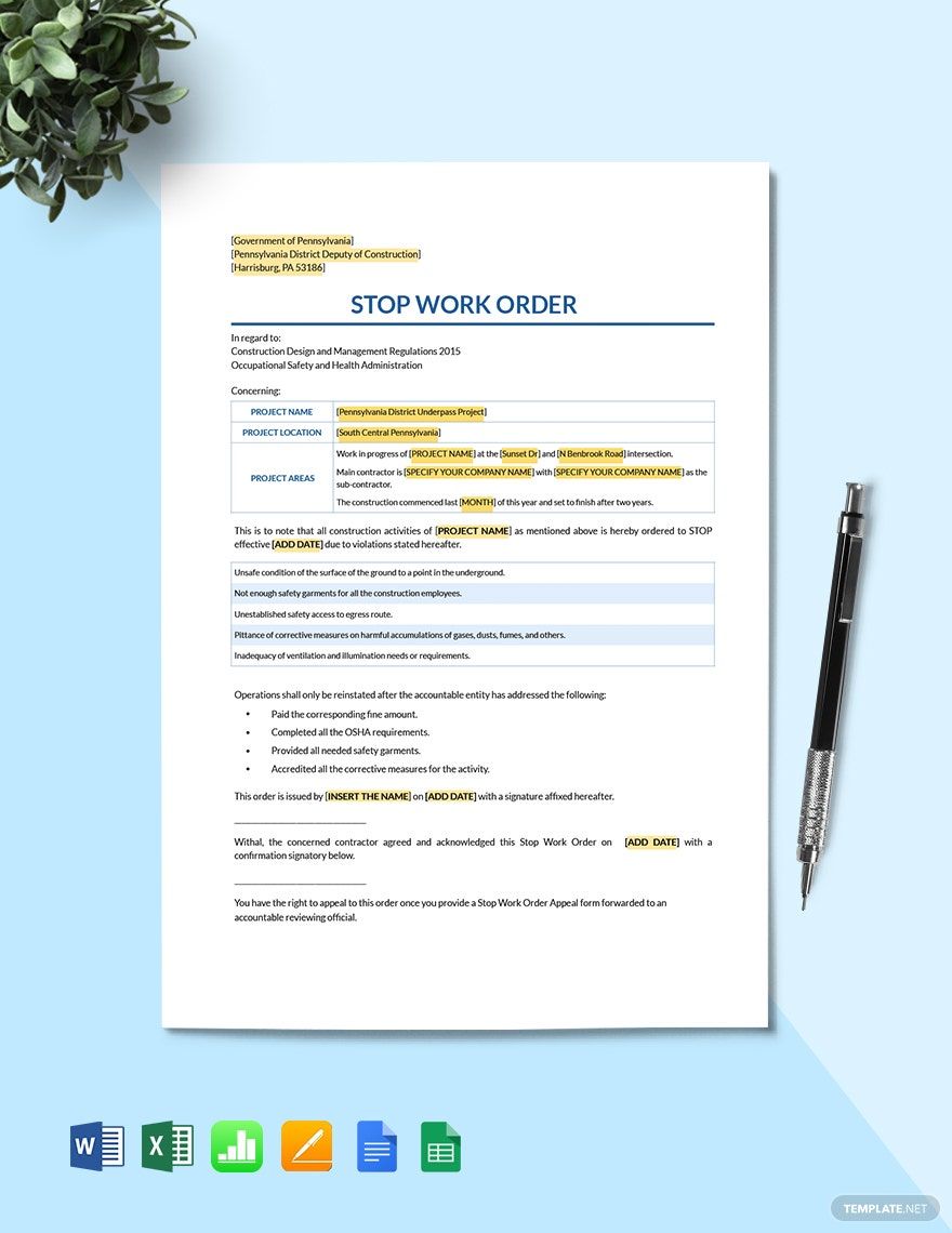 Stop Work Order Template In Word Apple Numbers Excel Pages Google