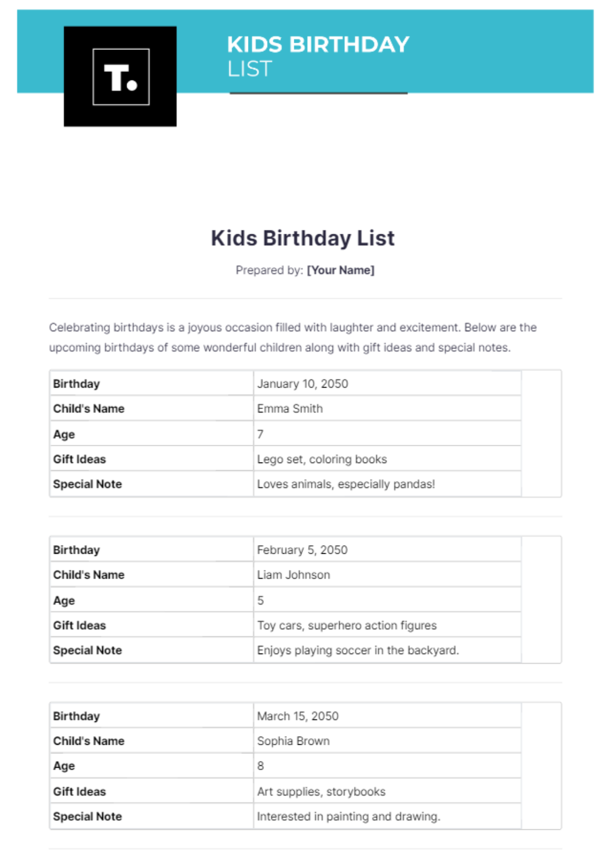 Free Kids Birthday List Template Edit Online Download Template Free Kids Birthday List Template Edit Online Download Template