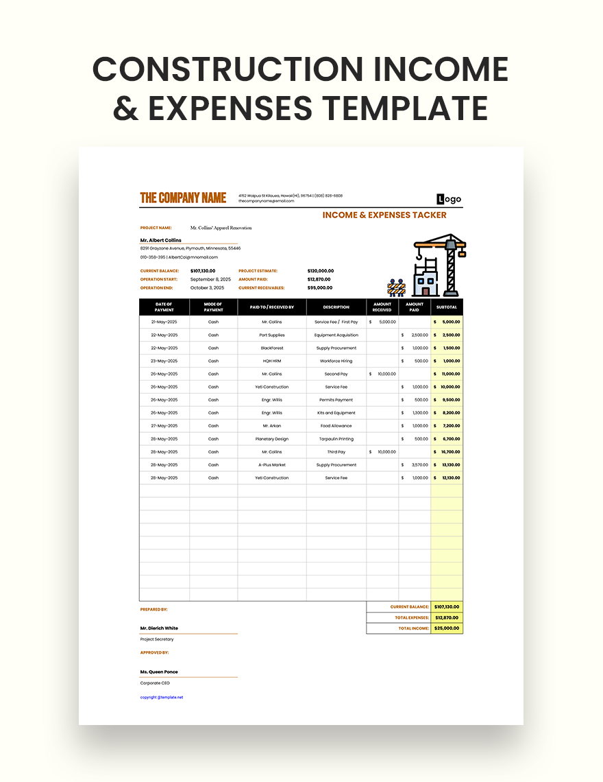 Construction Income Expenses Template Google Docs Google Sheets Construction Income Expenses Template Google Docs Google Sheets