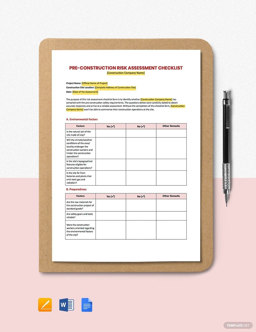 Pre Construction Risk Assessment Checklist Template Google Docs Word Apple Pages Template