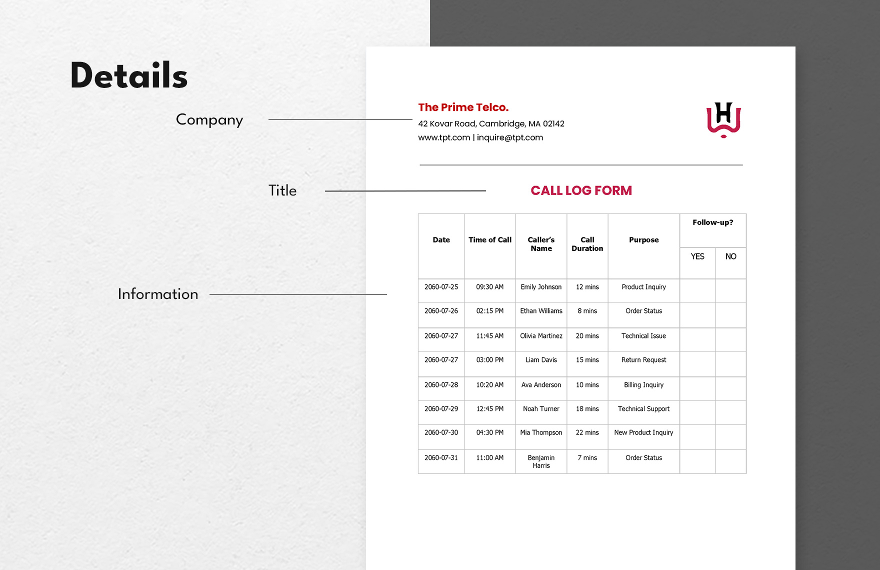 Phone Call Log Form Template - Download in Word, Google Docs, Excel ...