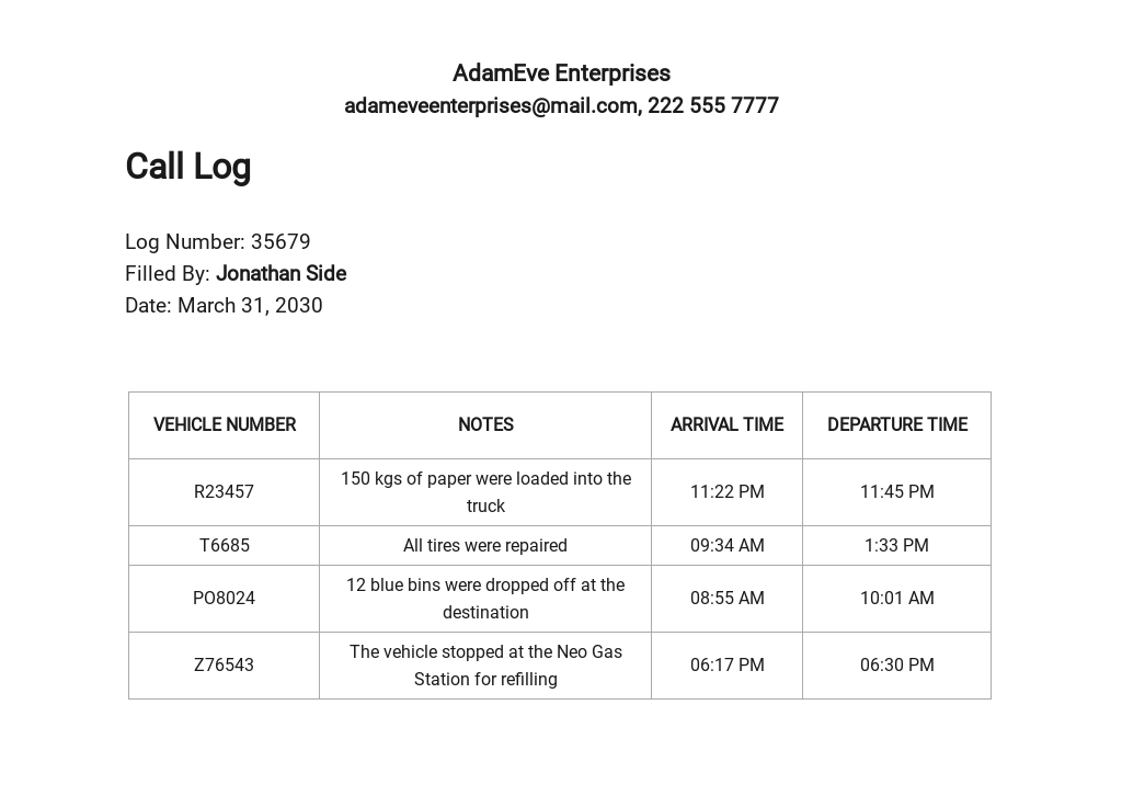 FREE Road Call Log Template - PDF | Word (DOC) | Excel | InDesign ...