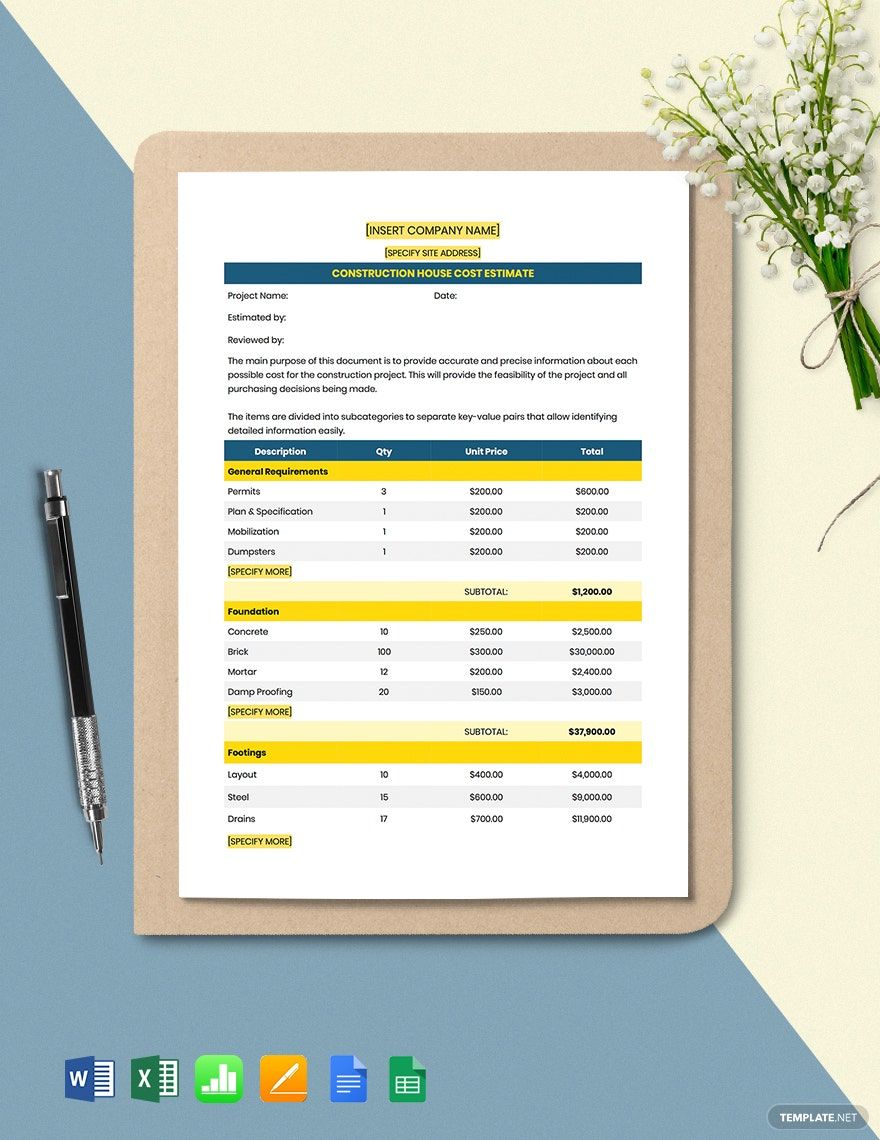 Blank Construction Cost Estimate Template - Google Docs, Word, Apple ...