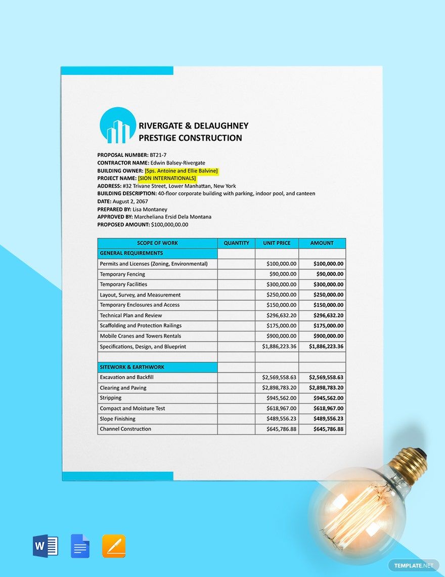 Blank Construction Cost Estimate Template - Google Docs, Word, Apple ...