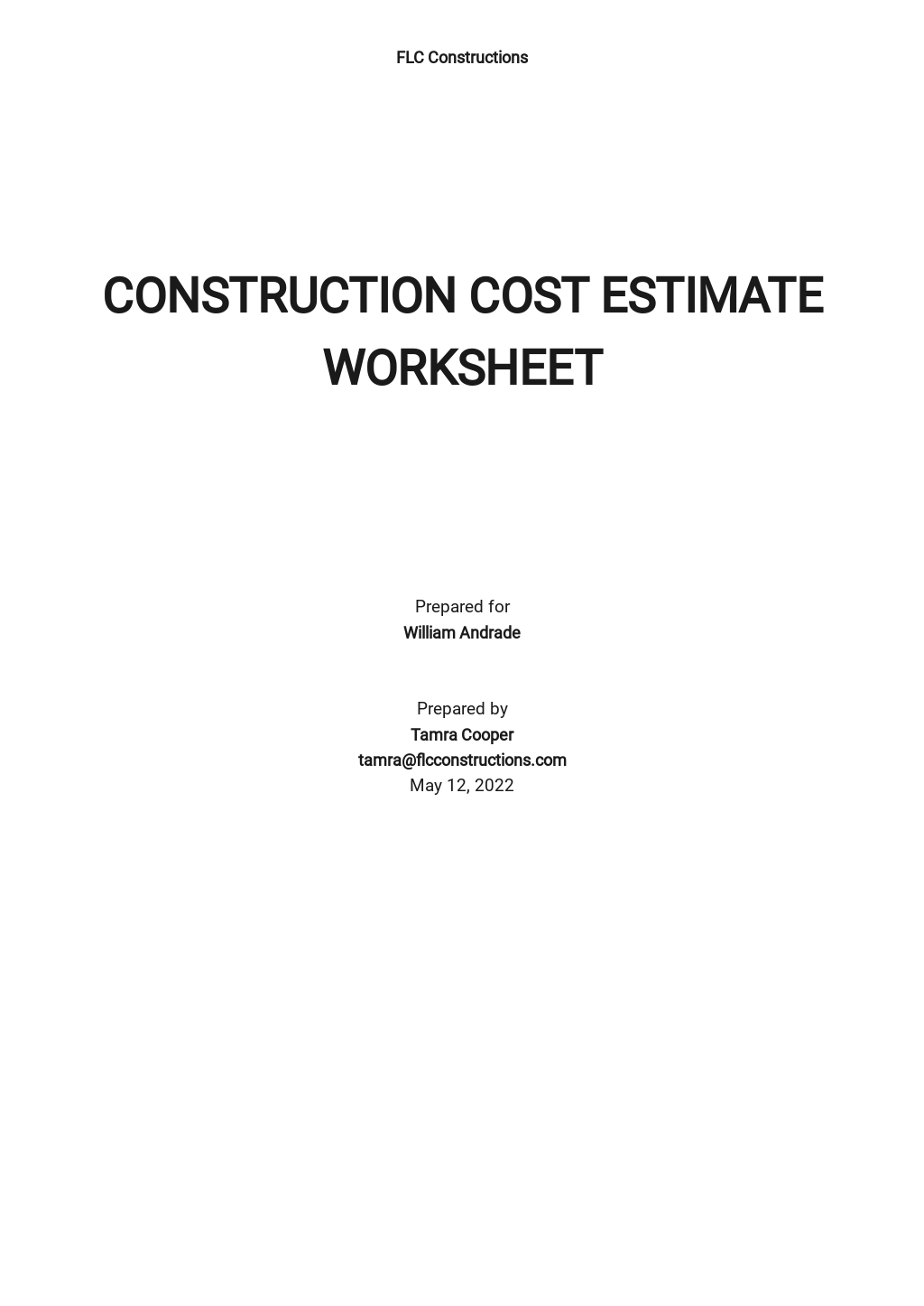 Construction Cost Estimate Worksheet Template