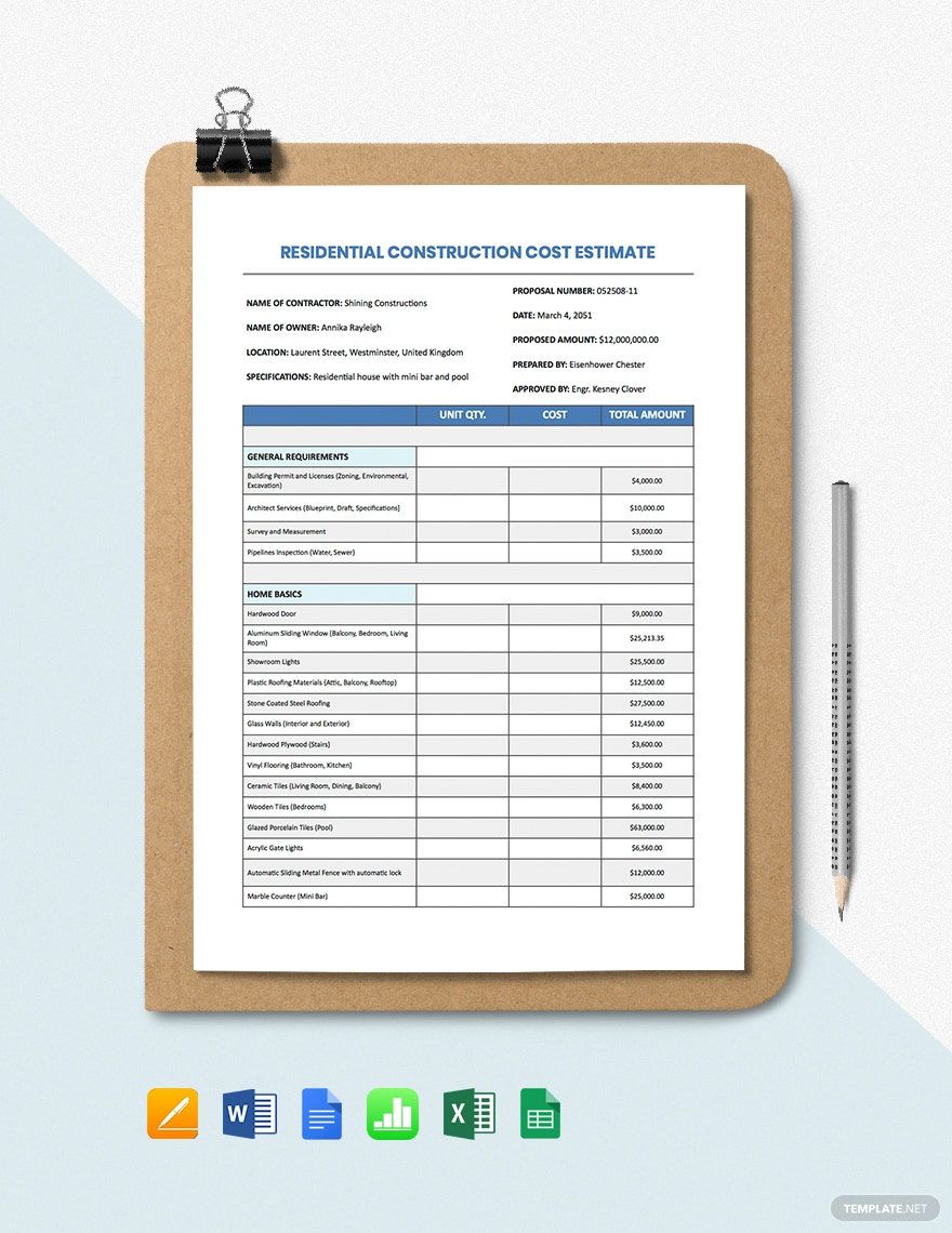 Residential Construction Cost Estimate Template Google Docs Google Sheets Excel Word Apple 