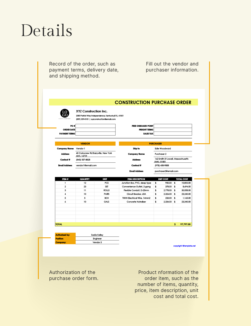 Construction Purchase Order Template - Google Docs, Google Sheets ...