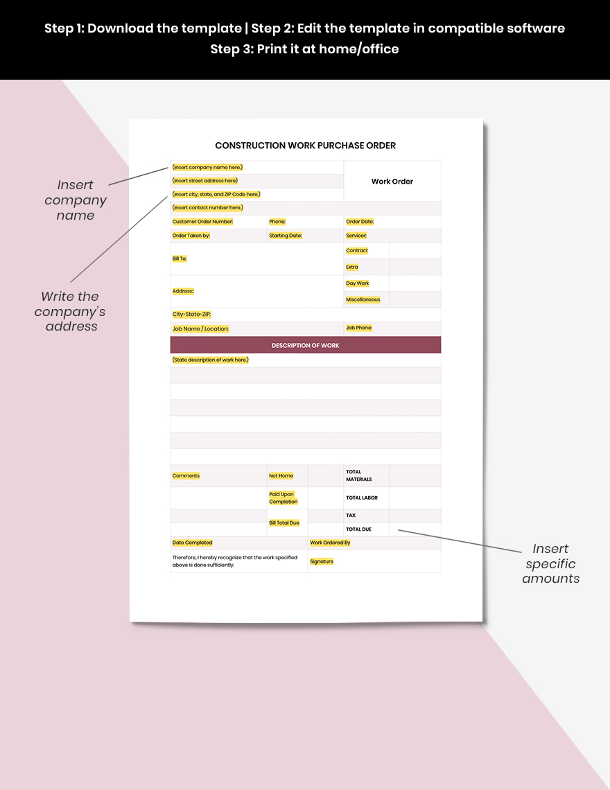 Construction Work Purchase Order Template in Excel, Pages, Word ...