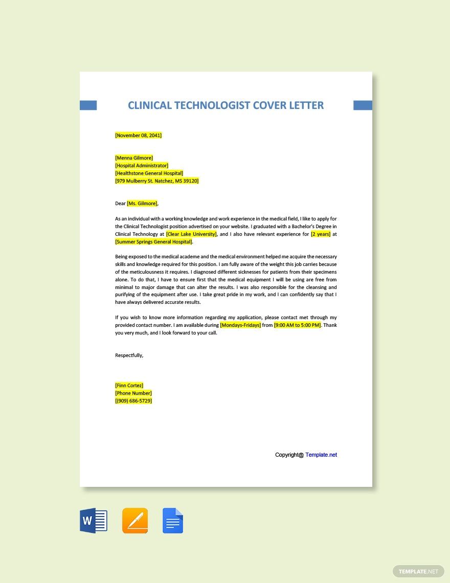 Free Clinical Laboratory Technologist Cover Letter Template - Google Docs, Word | Template.net