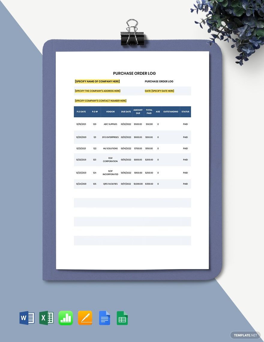 Purchase Order Log Template Google Docs Google Sheets Excel Word 