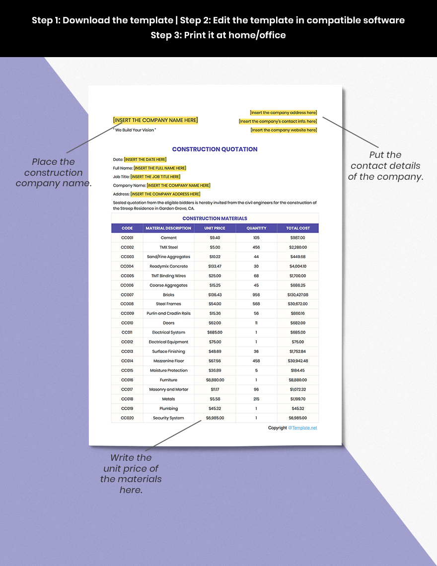 Sample Construction Quotation Template - Download in Word, Google Docs ...