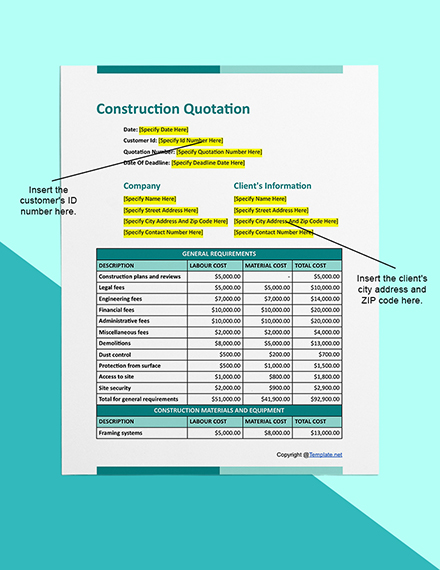 Editable Construction Quotation Template - Google Docs, Google Sheets, Excel, Word, Apple ...