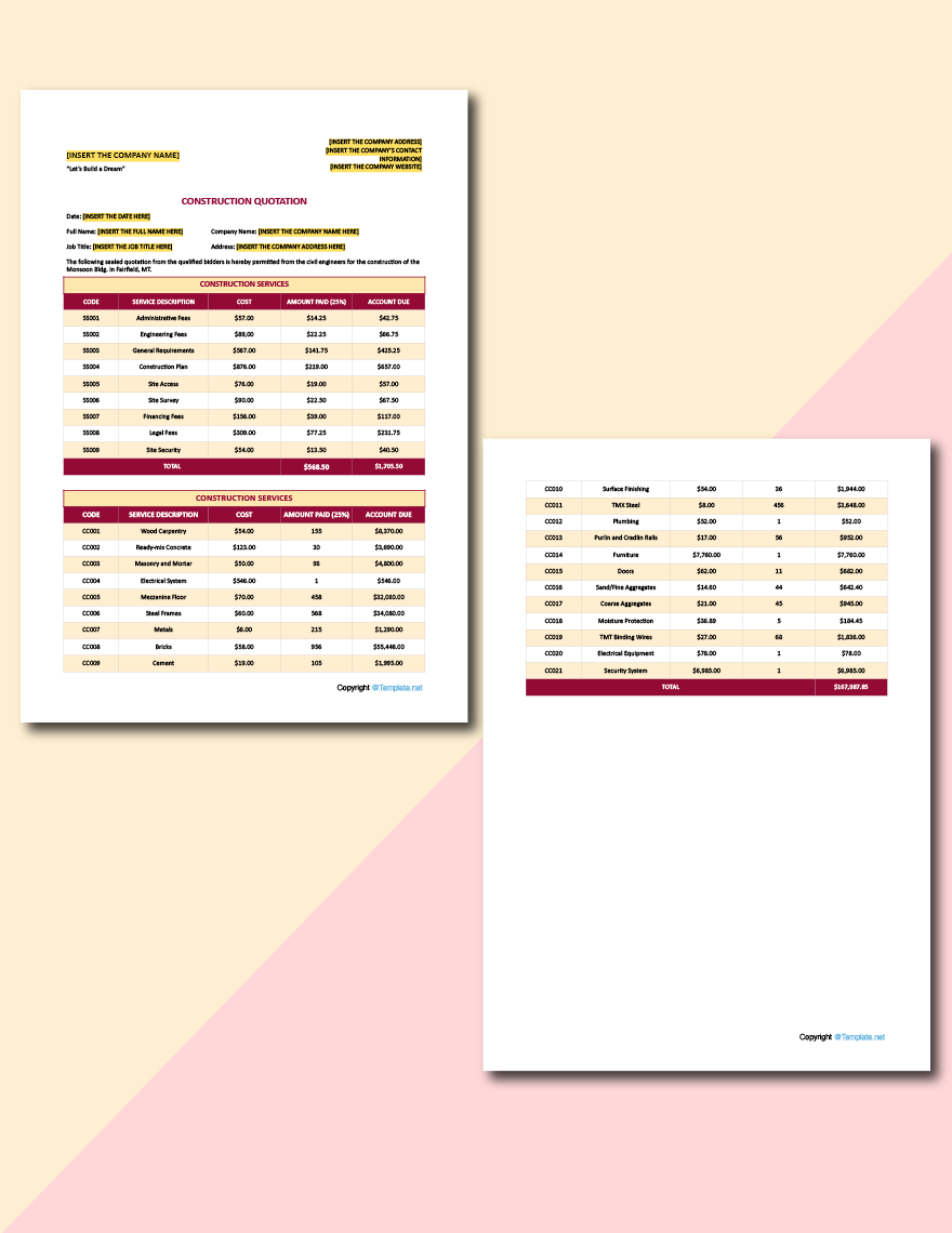 Printable Construction Quotation Template - Download in Word, Google ...