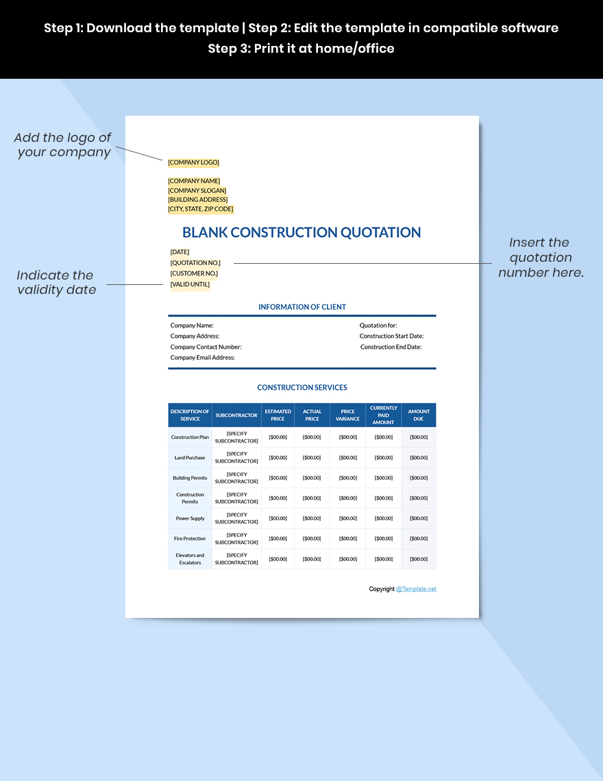 Blank Construction Quotation Template - Google Docs, Google Sheets ...