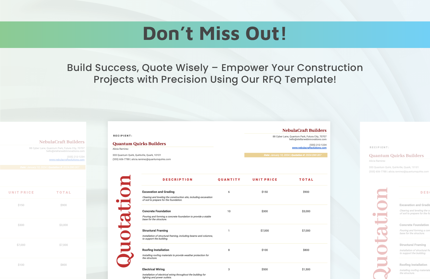 Construction Request for Quotation Template in GDocsLink, MS Word, Pages, Numbers, MS Excel ...