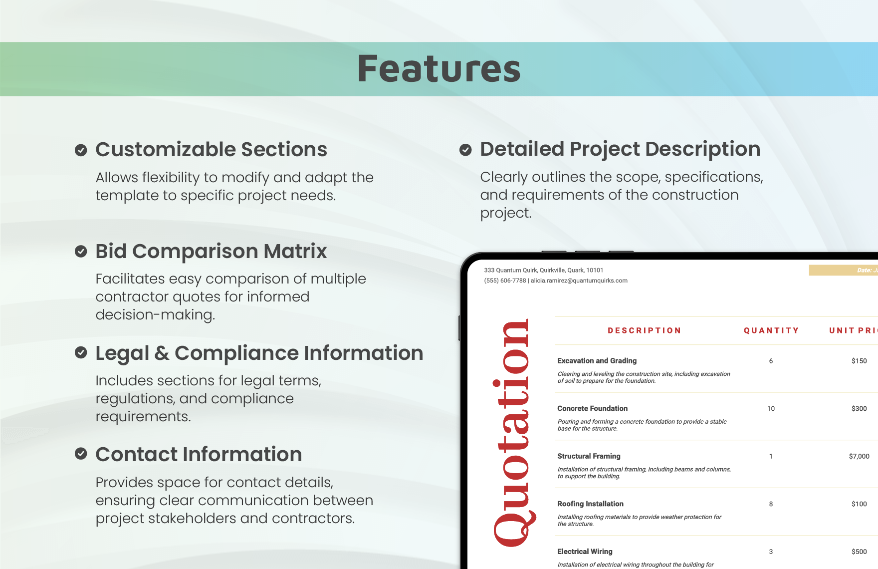 Construction Request for Quotation Template in GDocsLink, MS Word, Pages, Numbers, MS Excel ...