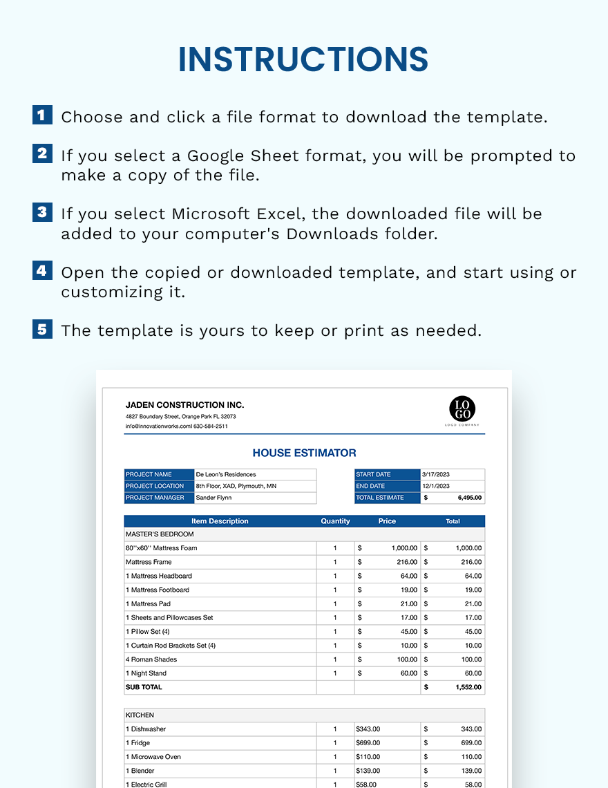 House Estimator Template - Google Docs, Google Sheets, Excel, Word ...