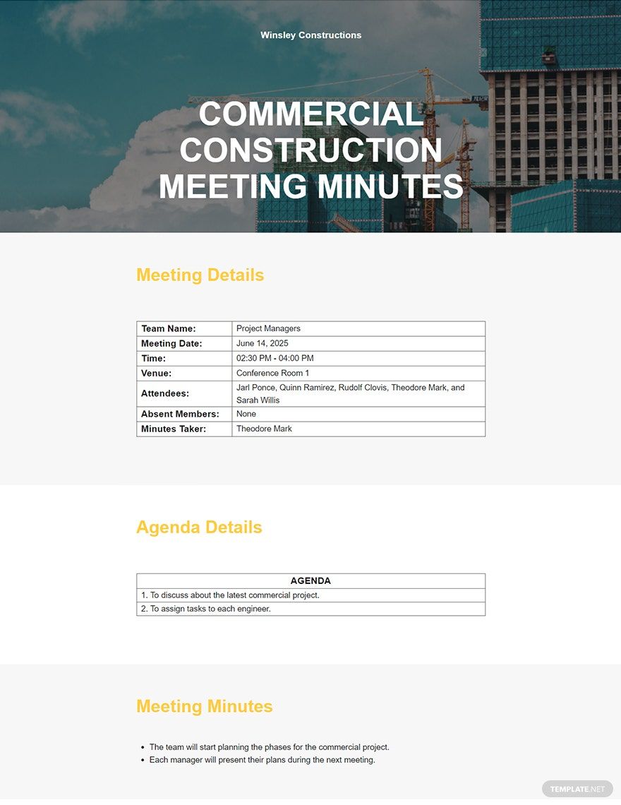 Blank Construction Meeting Minutes Template - Google Docs, Word, Apple ...