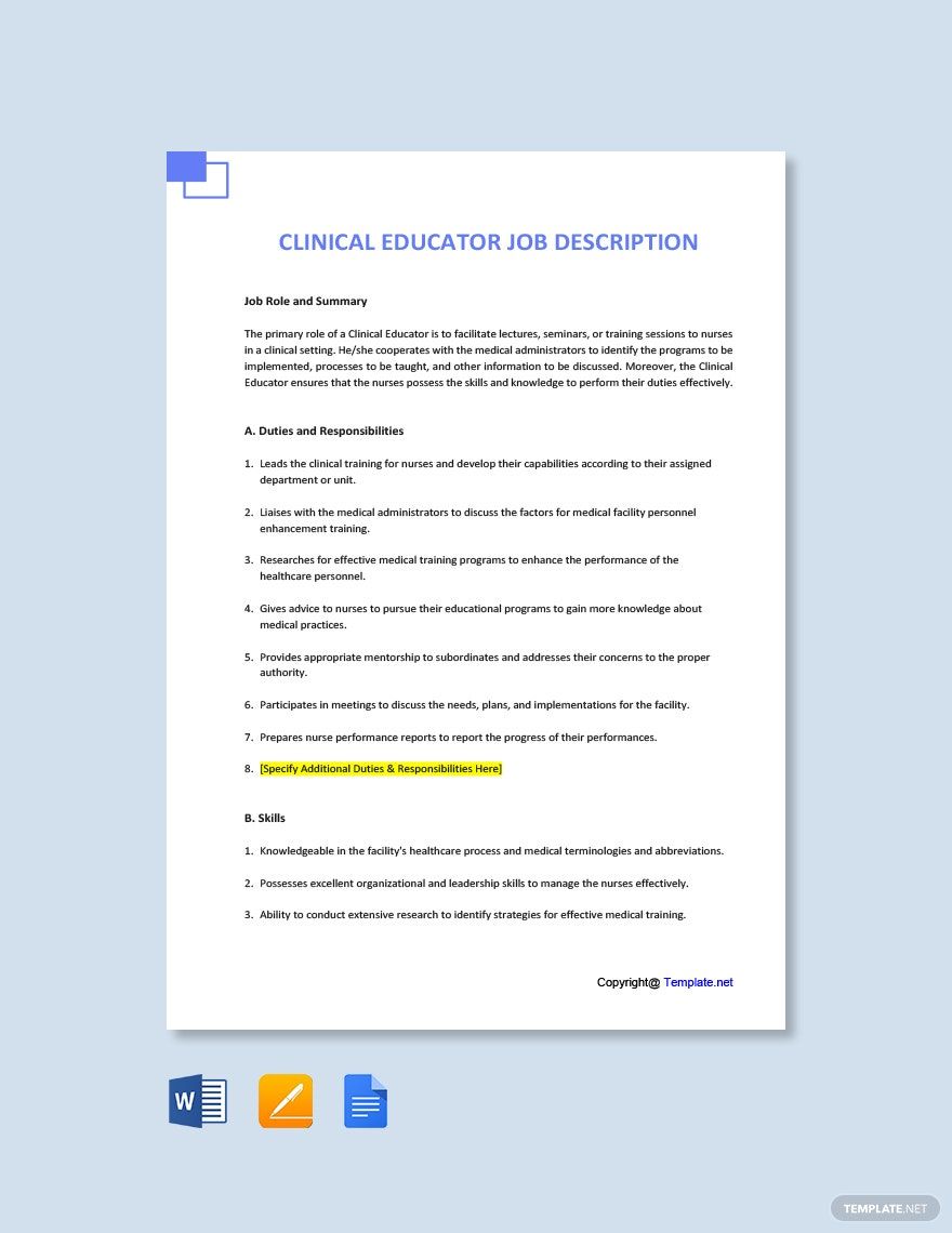 Free Clinical Educator Job Ad Description Template Google Docs Word Apple Pages PDF free-clinical-educator-job-ad-description-template-google-docs-word-apple-pages-pdf