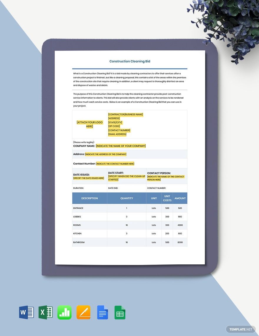Construction Cleaning Bid Template Google Docs Google Sheets Excel 