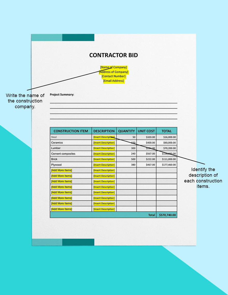 Contractor Bid Template - Download in Word, Excel, Apple Pages, Apple ...