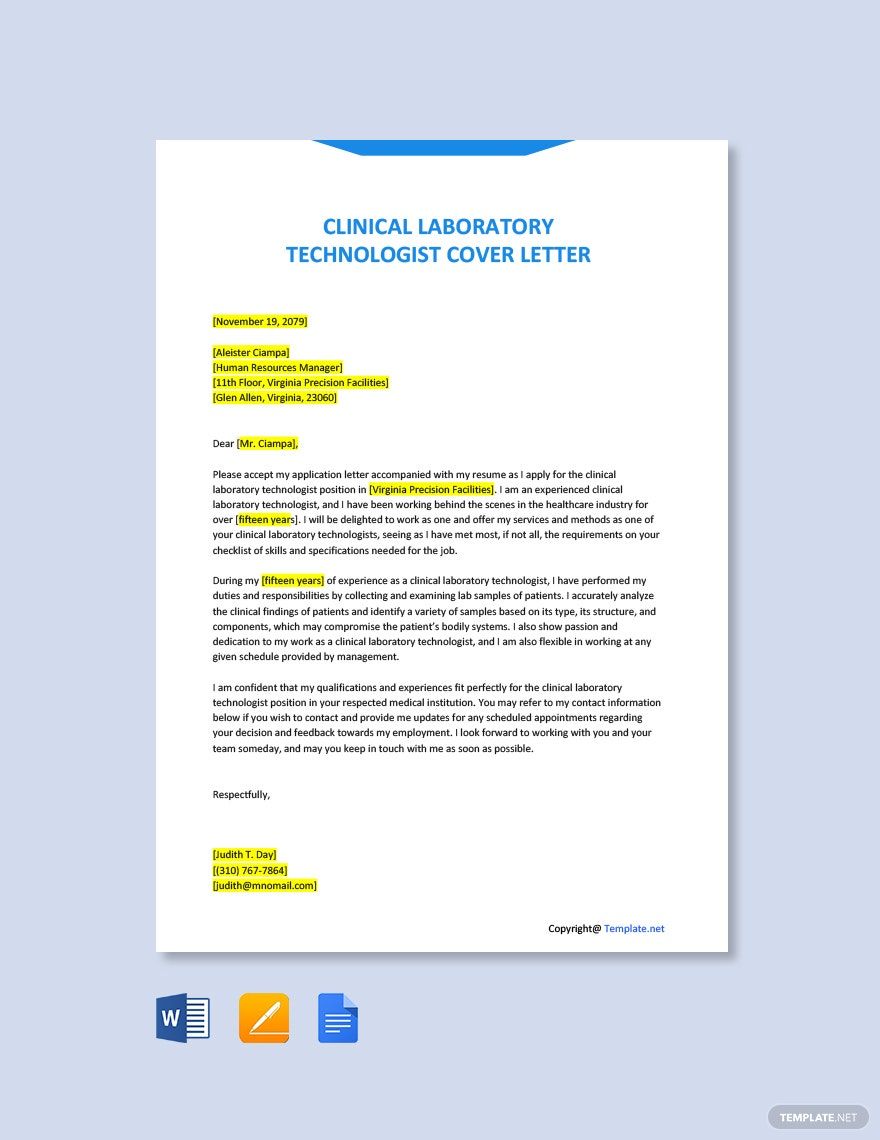 Free Clinical Laboratory Scientist Cover Letter Template - Google Docs, Word | Template.net