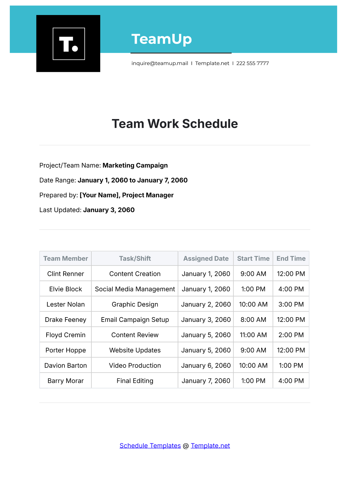 Free Team Work Schedule Template To Edit Online