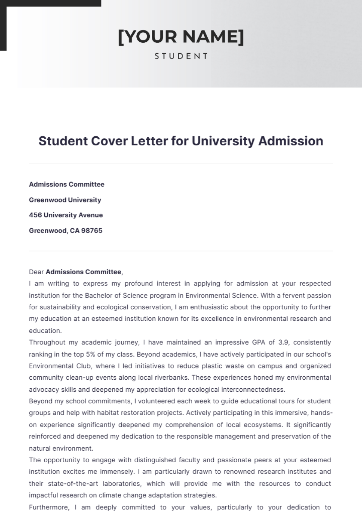 Free Student Cover Letter For University Admission Template To Edit Online