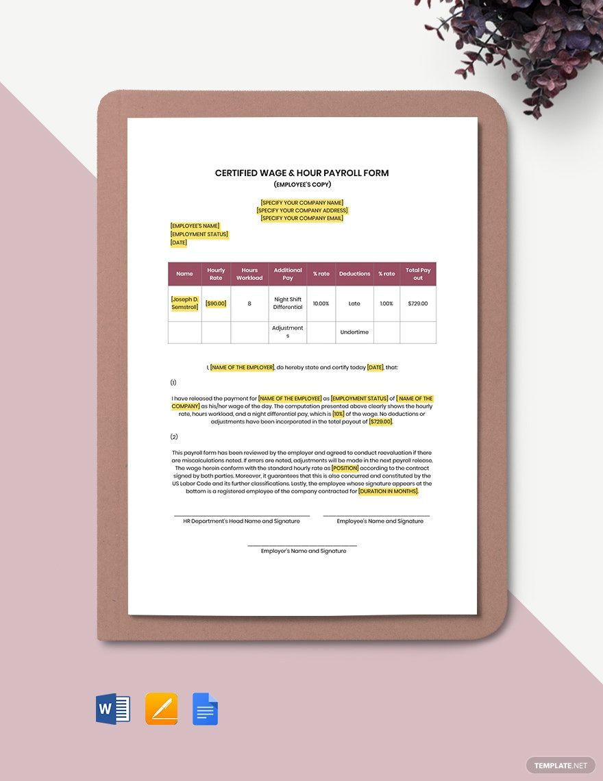Certified Wage & Hour Payroll Form Template - Google Docs, Word, Apple ...