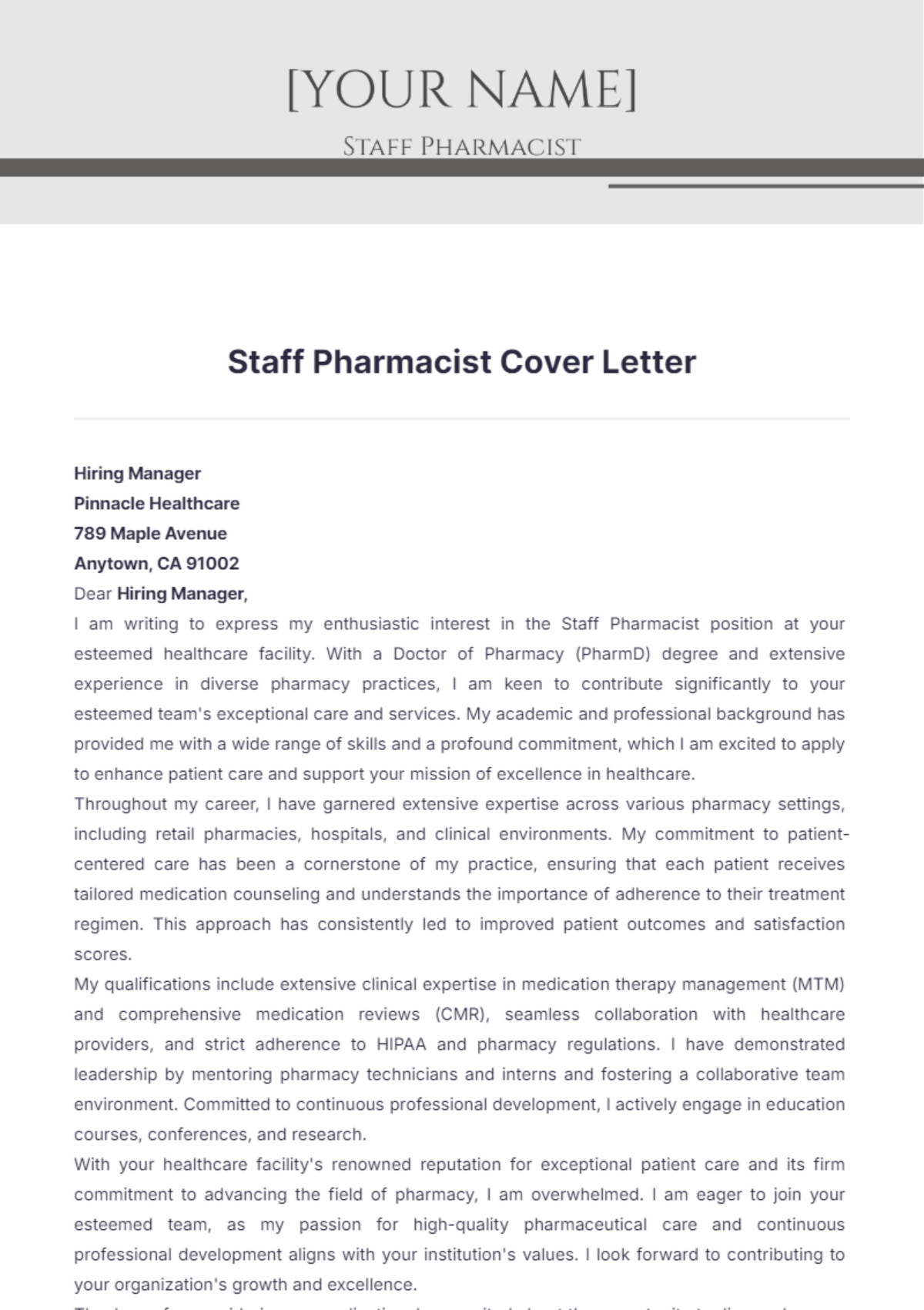 Free Staff Pharmacist Cover Letter Template To Edit Online