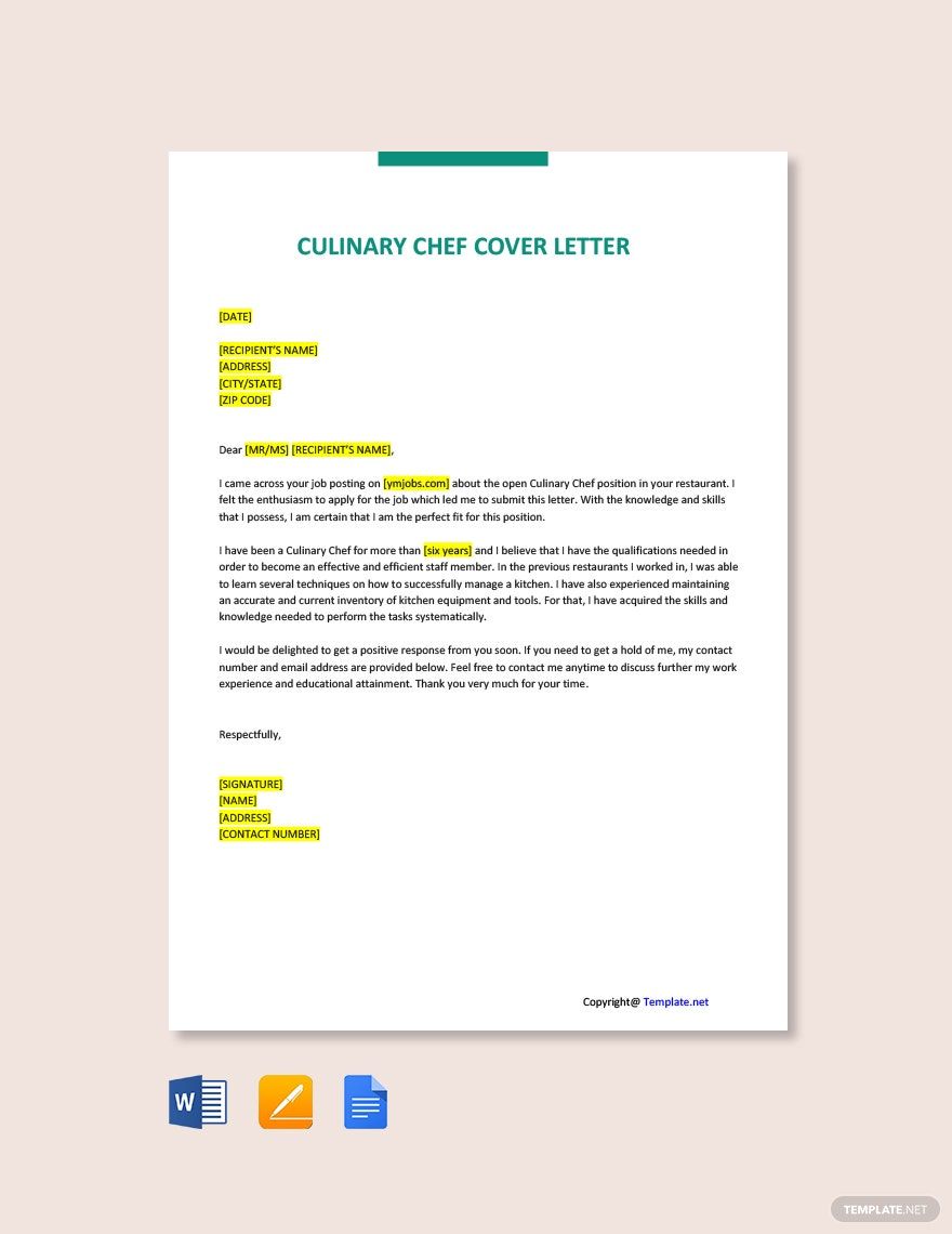 Culinary Chef Cover Letter Template In Word Google Docs Pages PDF 