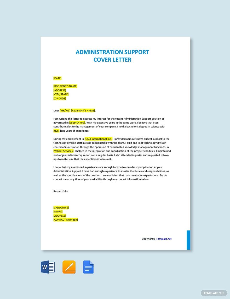 Administration Support Cover Letter Template Download In Word Google 