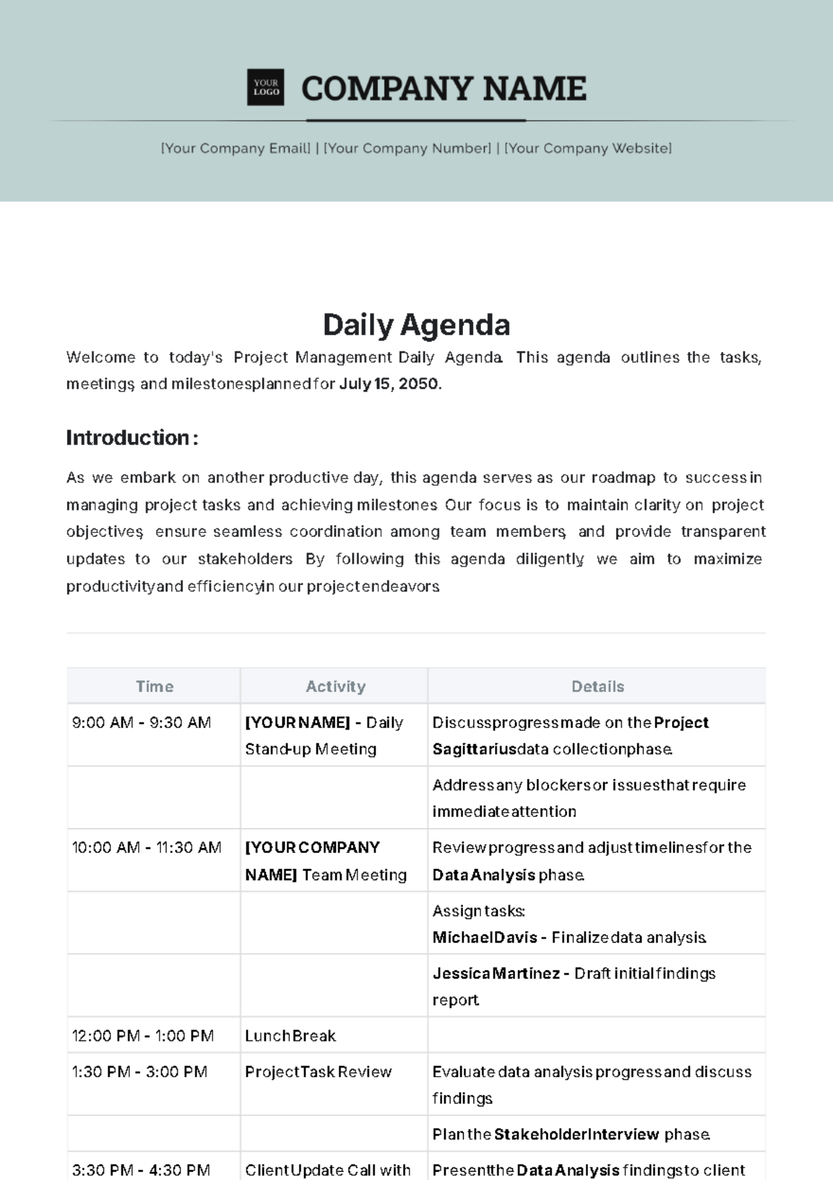 Daily Agenda Template - Edit Online & Download Example | Template.net