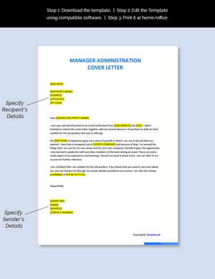 Manager Administration Cover Letter Template - Google Docs, Word, Apple ...