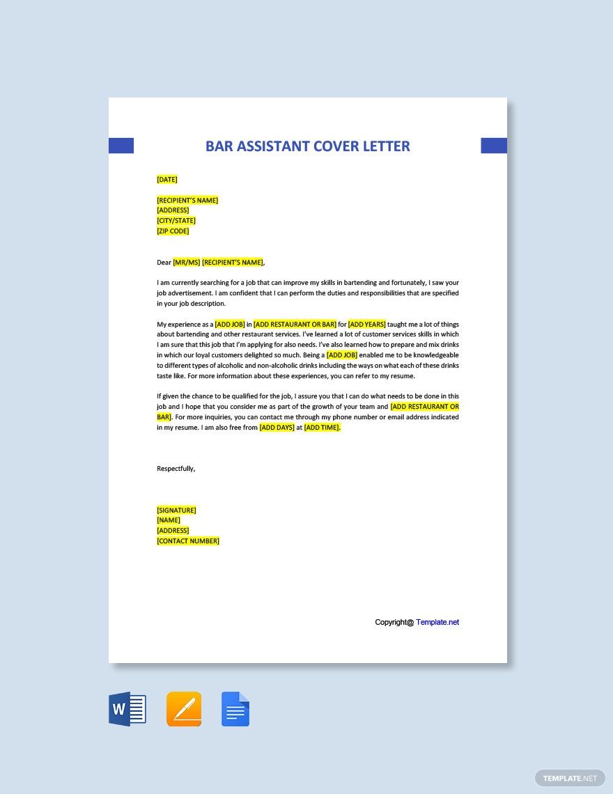 Bar Manager Cover Letter Template - Google Docs, Word | Template.net