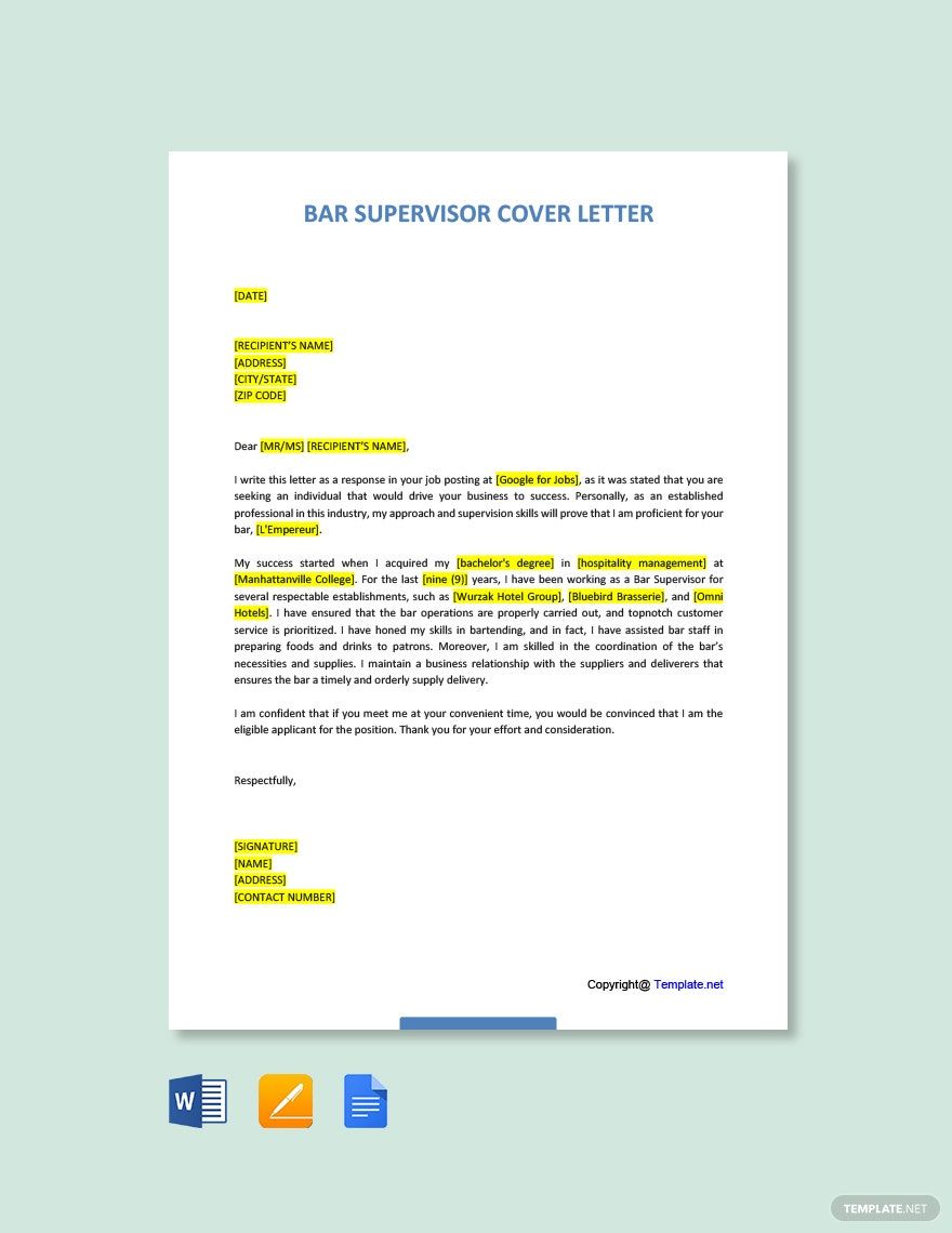 Bar Manager Cover Letter Template - Google Docs, Word | Template.net