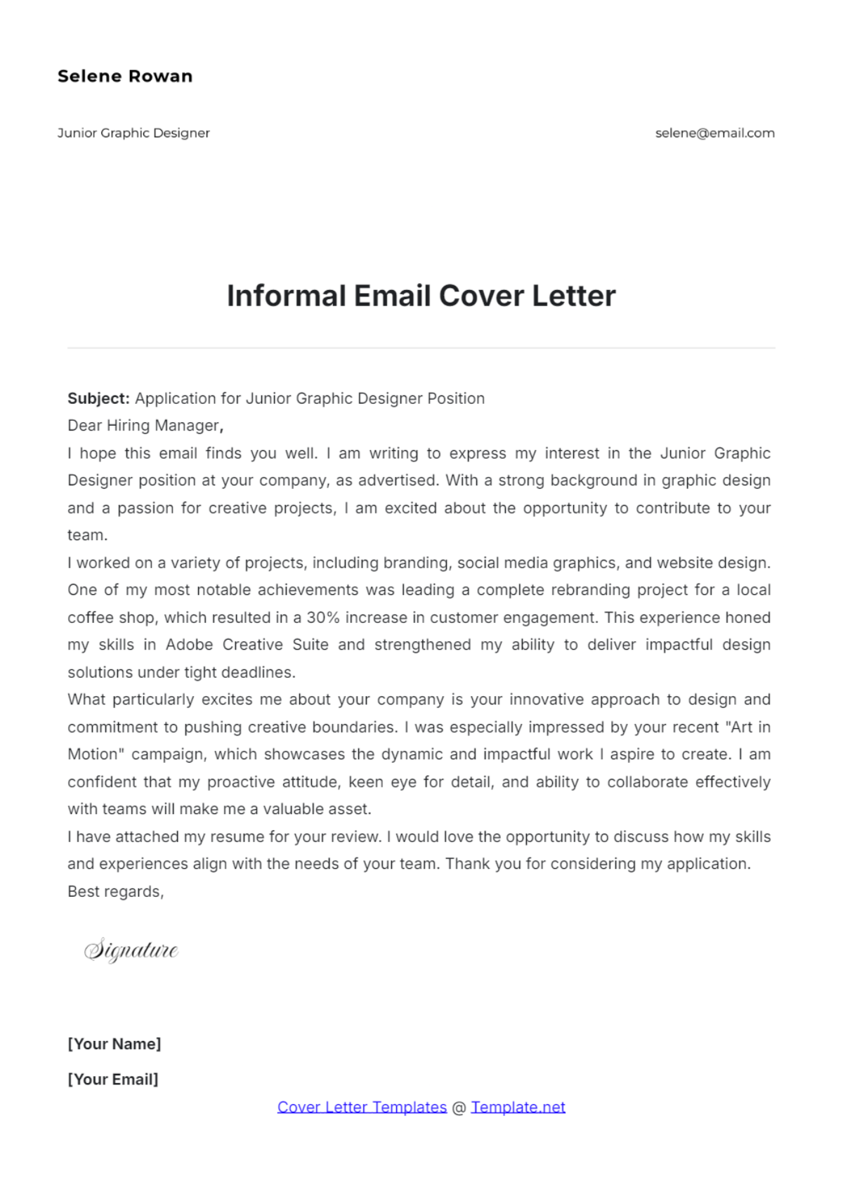 Free Informal Email Cover Letter Template To Edit Online