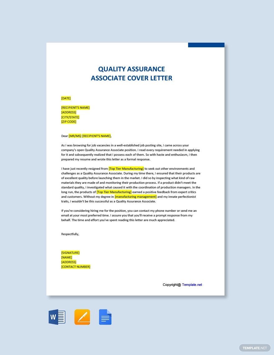 Free Quality Assurance Associate Cover Letter Download In Word 