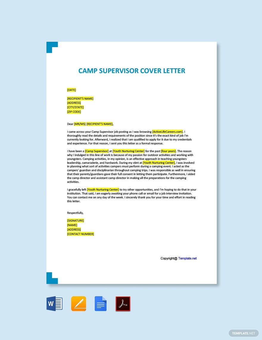 Free Day Camp Counsellor Cover Letter Template - Google Docs, Word ...