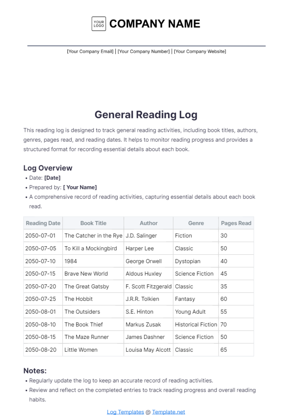 Free General Reading Log Template To Edit Online